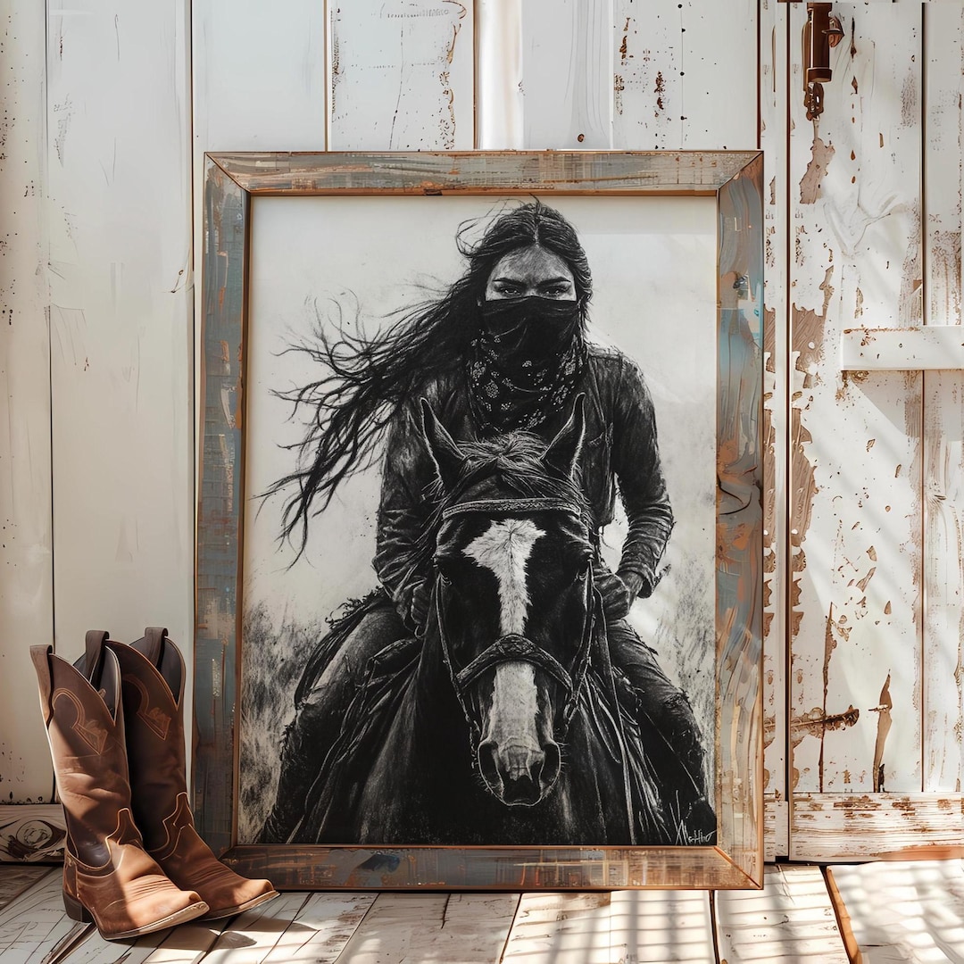 Dark Western Wall Art - Rugged Equestrian Cowgirl Print, Black and ...
