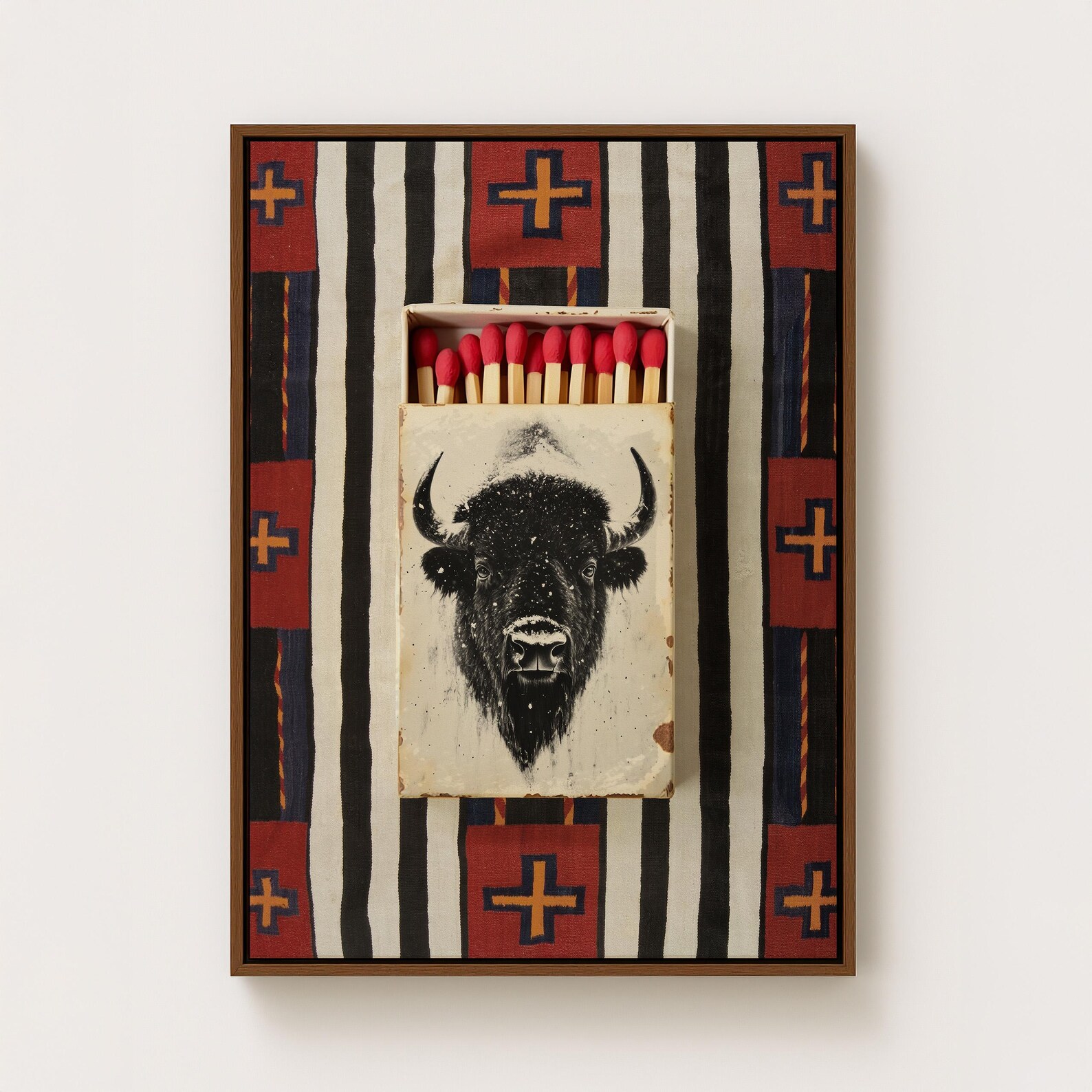 Western Wall Art - Bison Matchbox Print, Rugged Native American Lodge ...