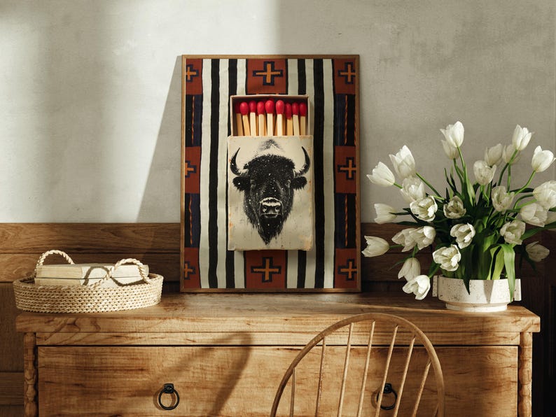 Western Wall Art - Bison Matchbox Print, Rugged Native American Lodge ...