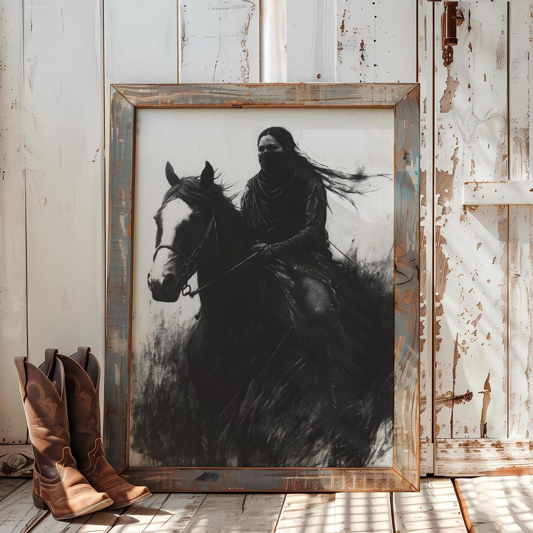 Cowgirl & Horse Art – Dark Western Wall Art, Equestrian Charcoal ...