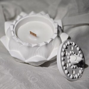 White Lotus Ceramic Candle | Handmade Flower Jar Candle With Wooden ...