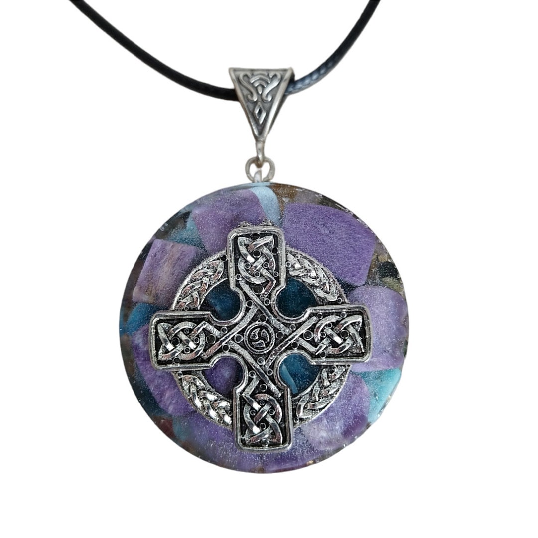 Orgonite Pendant Celtic Cross Orgone Necklace EMF Protection Cyaroite Apatite Tourmaline Pink ...