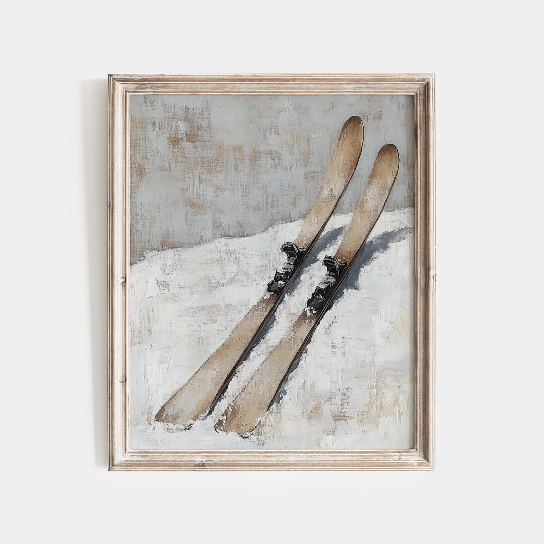 Vintage Ski Artwork | Rustic Winter Sports Painting | Cozy Snowy Scene ...