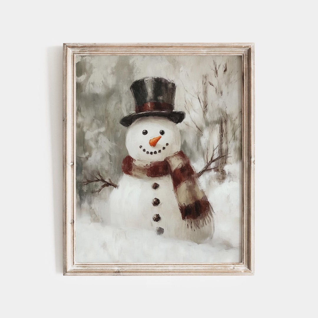 Vintage Snowman Art Print | Rustic Winter Wall Decor | Cozy Christmas ...