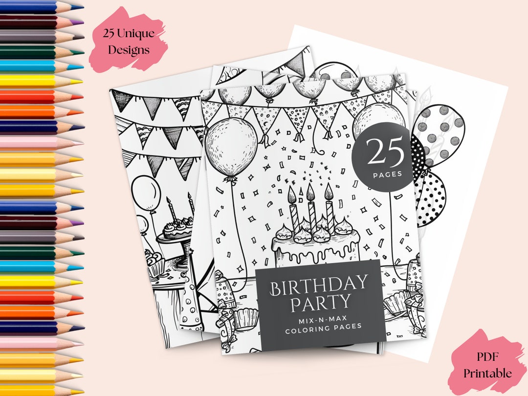 25 Birthday Party Coloring Pages | PDF Printable | Instant Download ...