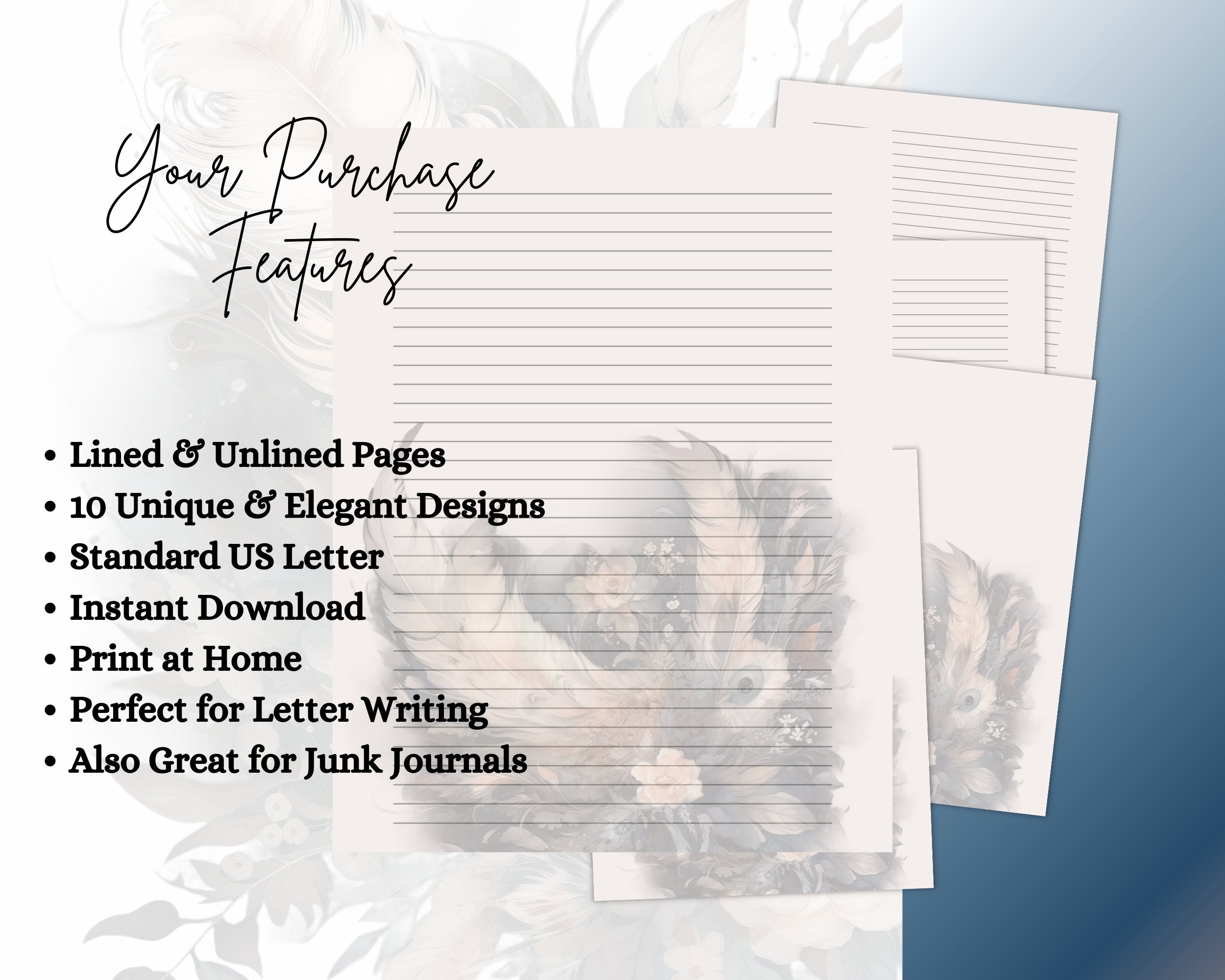 Printable Midnight Feathers Letter Writing Stationery | Writing Paper ...