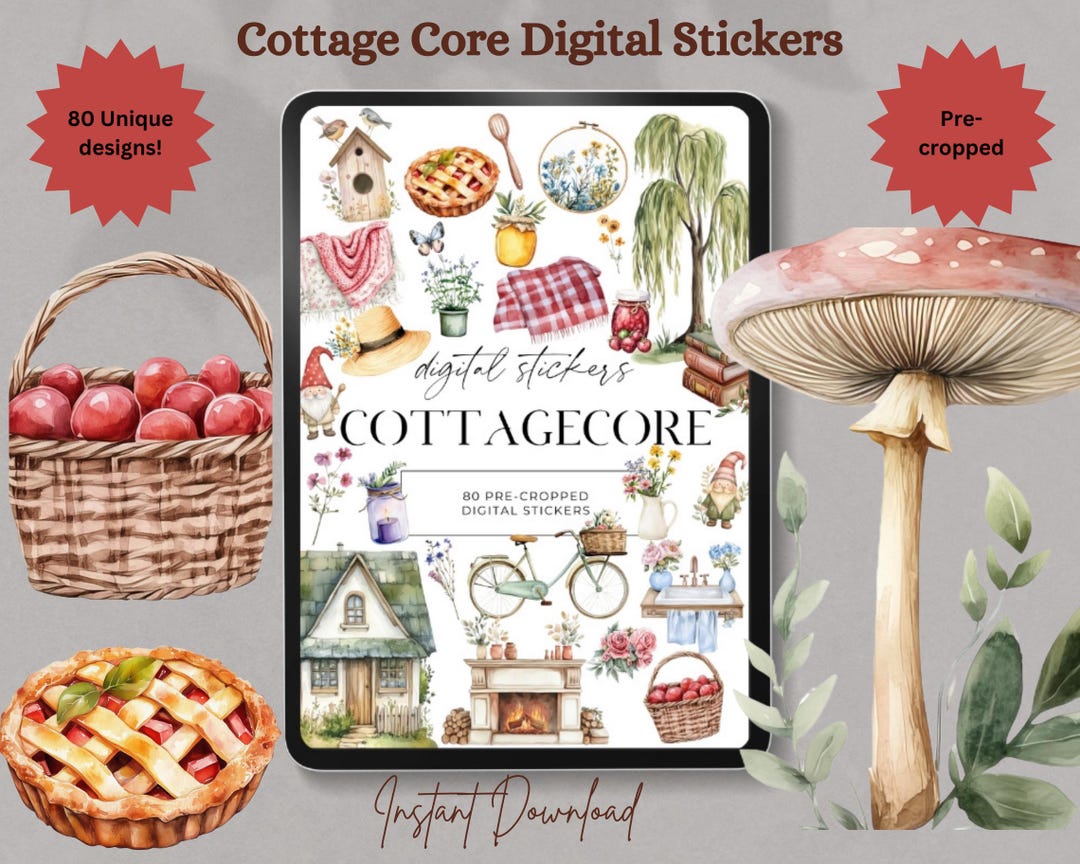 Cottage Core Digital Stickers | 80 Pre-cropped PNG Digital Stickers ...