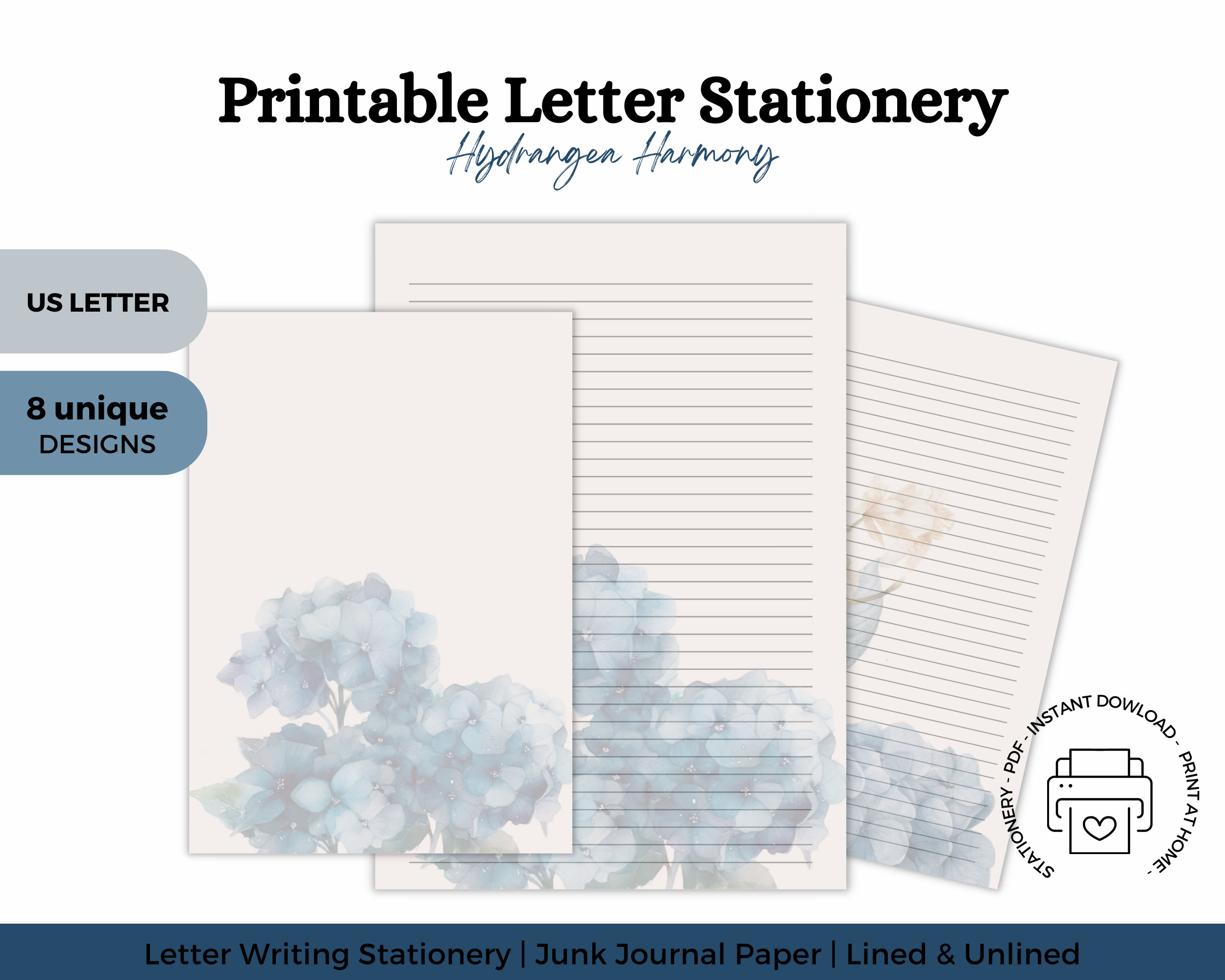 Printable Hydrangea Harmony Letter Writing Stationery | Writing Paper ...