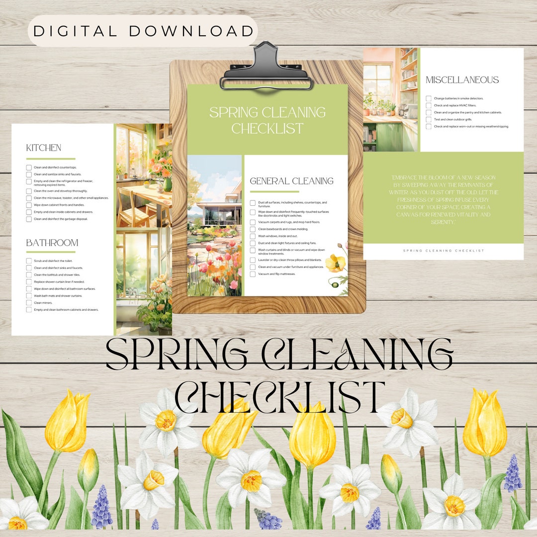 Spring Cleaning Checklist PDF Printable Bedroom, Bathroom, Kitchen ...