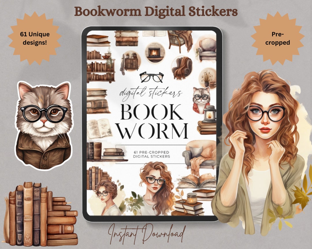 Bookworm Digital Stickers for Digital Planners | 61 PNG Book Stickers ...