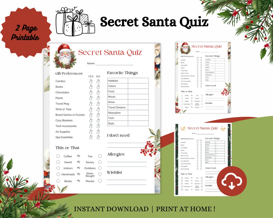 Secret Santa Quiz | PDF Printable | Great for a Company or Family ...