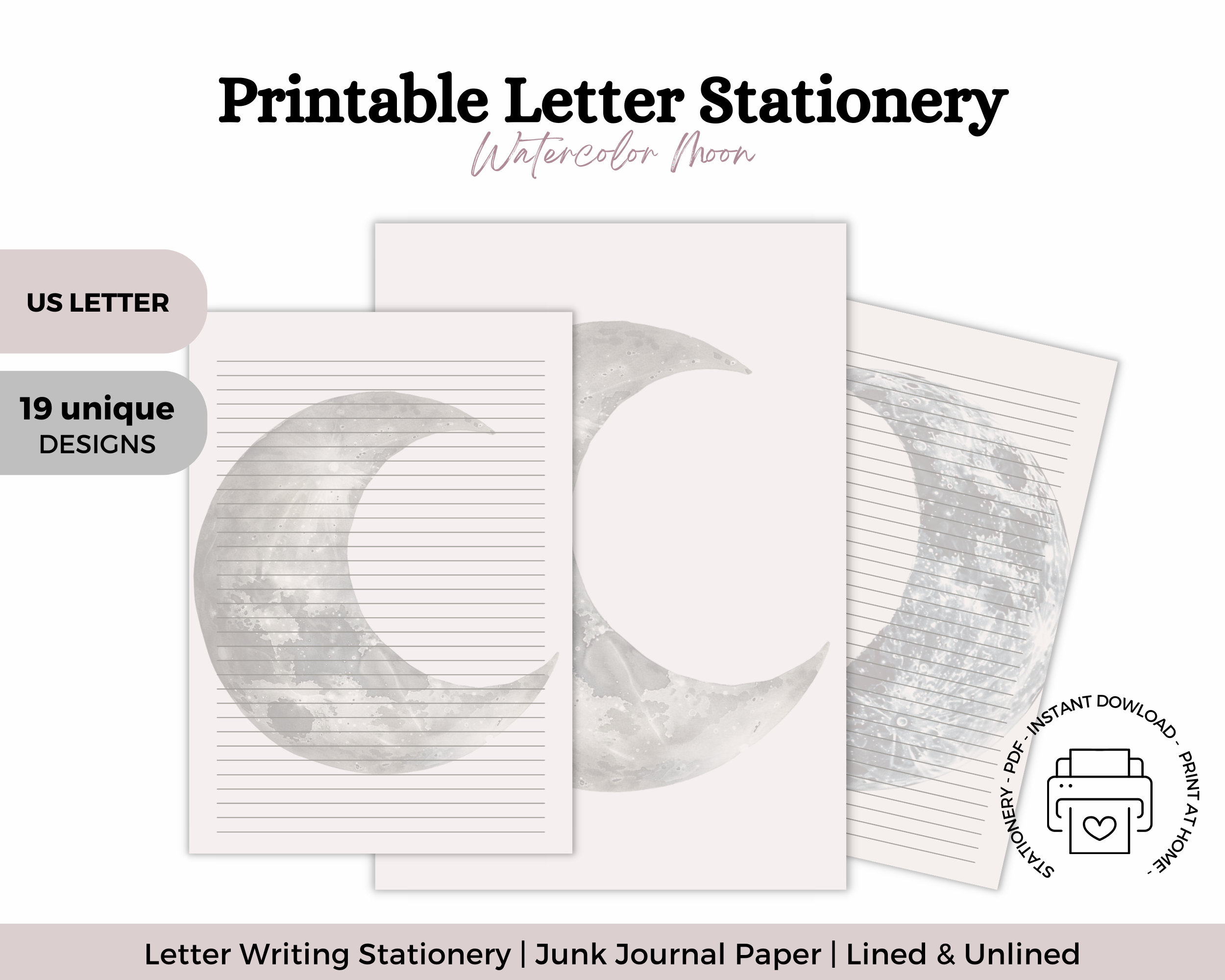 Printable Watercolor Moon Letter Writing Stationery | Moon Writing ...