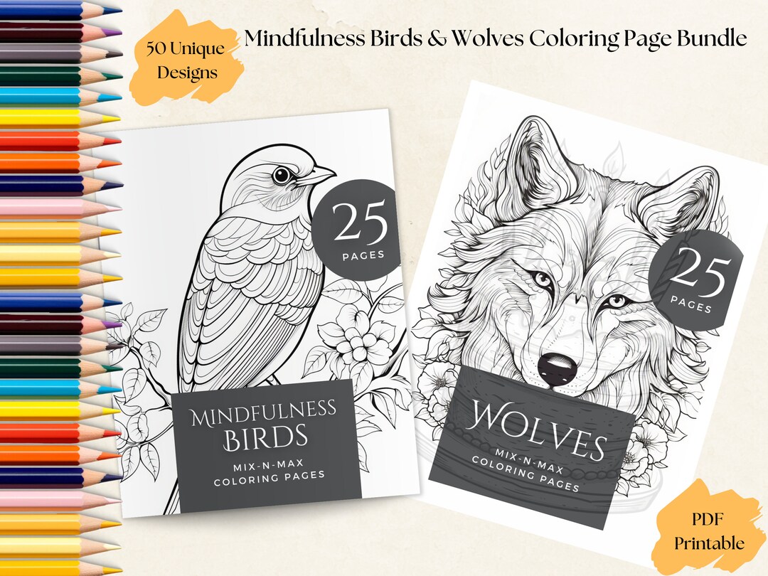 Mindfulness Birds & Wolves Coloring Page Bundle | 50 Unique Designs ...