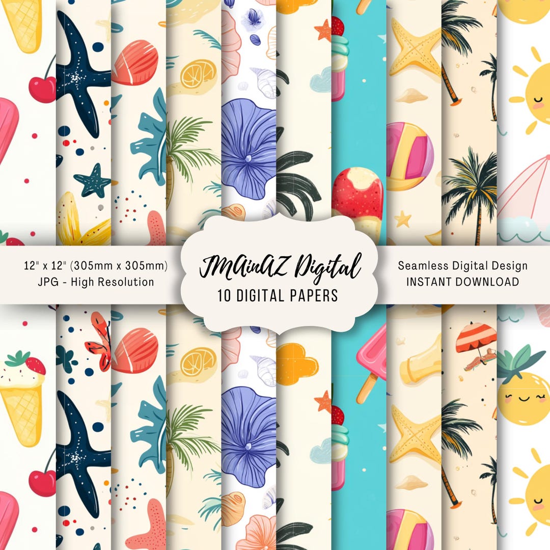 Fun Summer Seamless Digital Art Paper Bundle | Pack of 10, 12 X 12 ...