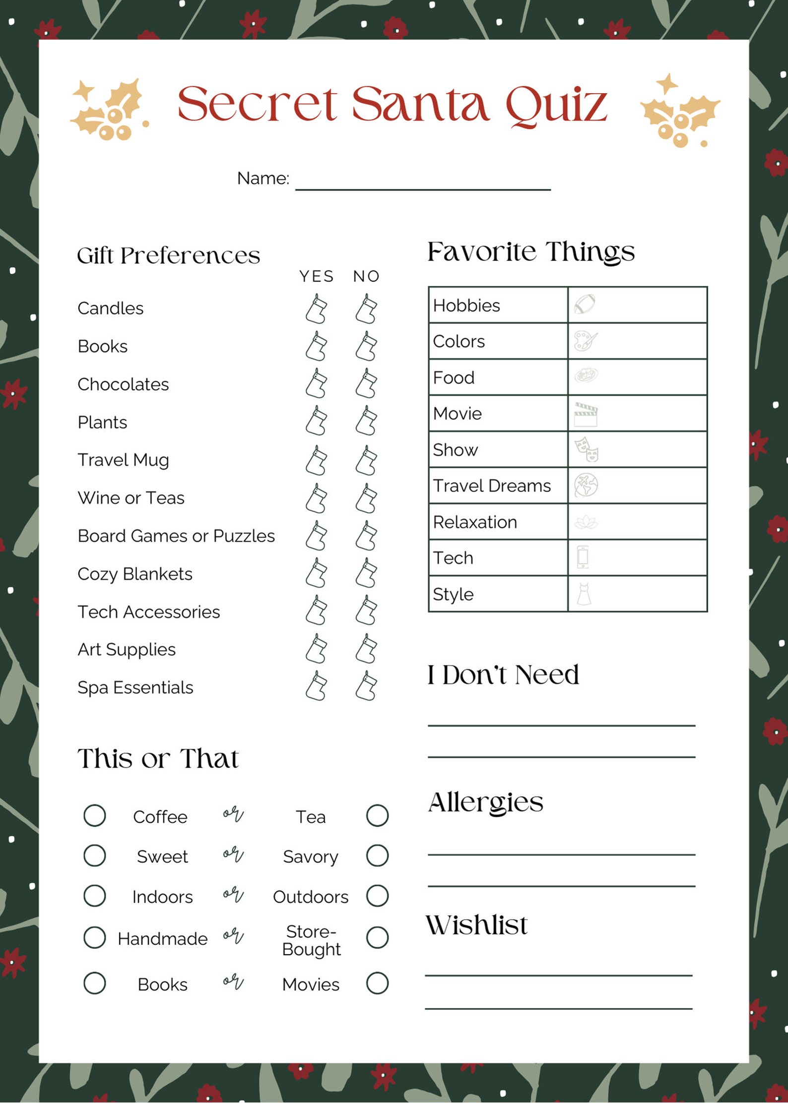 Secret Santa Quiz | PDF Printable | Great for a Company or Family ...