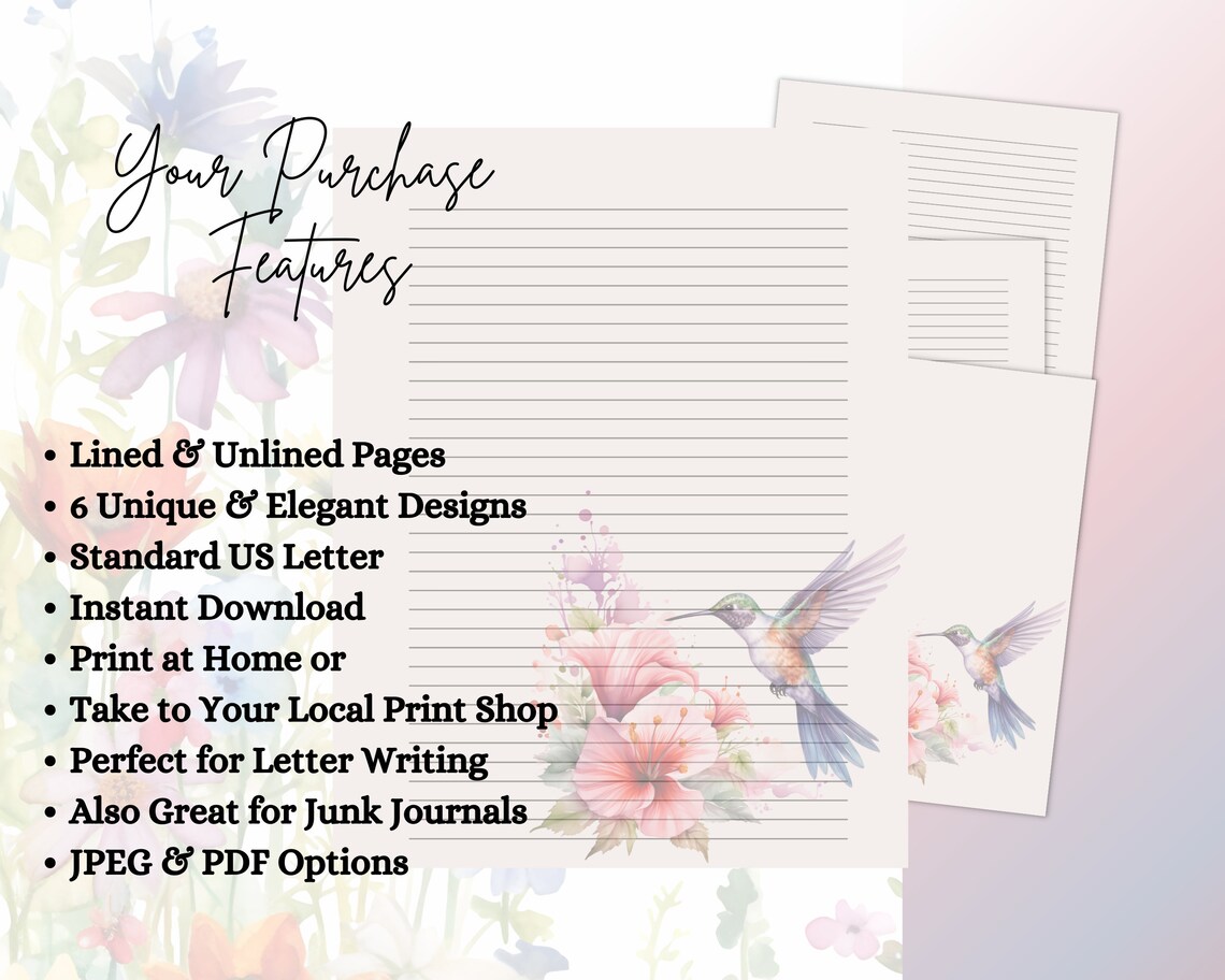 Printable Hummingbird Flutters Letter Writing Stationery | Writing ...