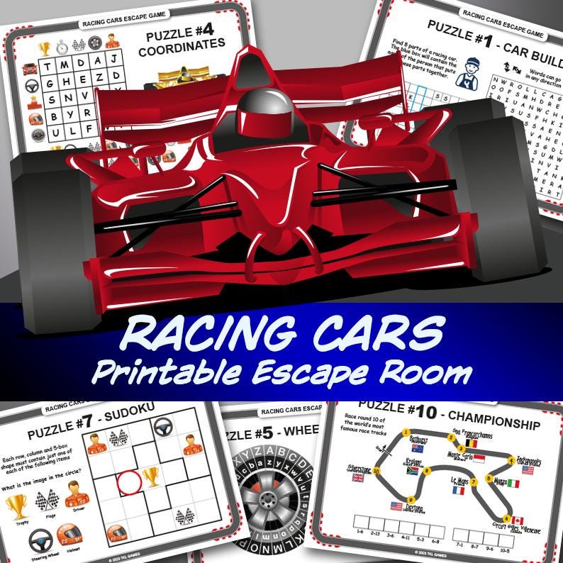 Racing Cars Printable Escape Room Adventure for Kids - Etsy