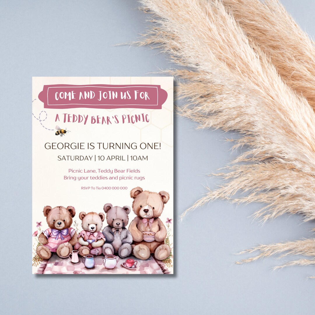 Pink Teddy Bear Picnic Invitation | Birthday Invitation | Teddy Bears ...
