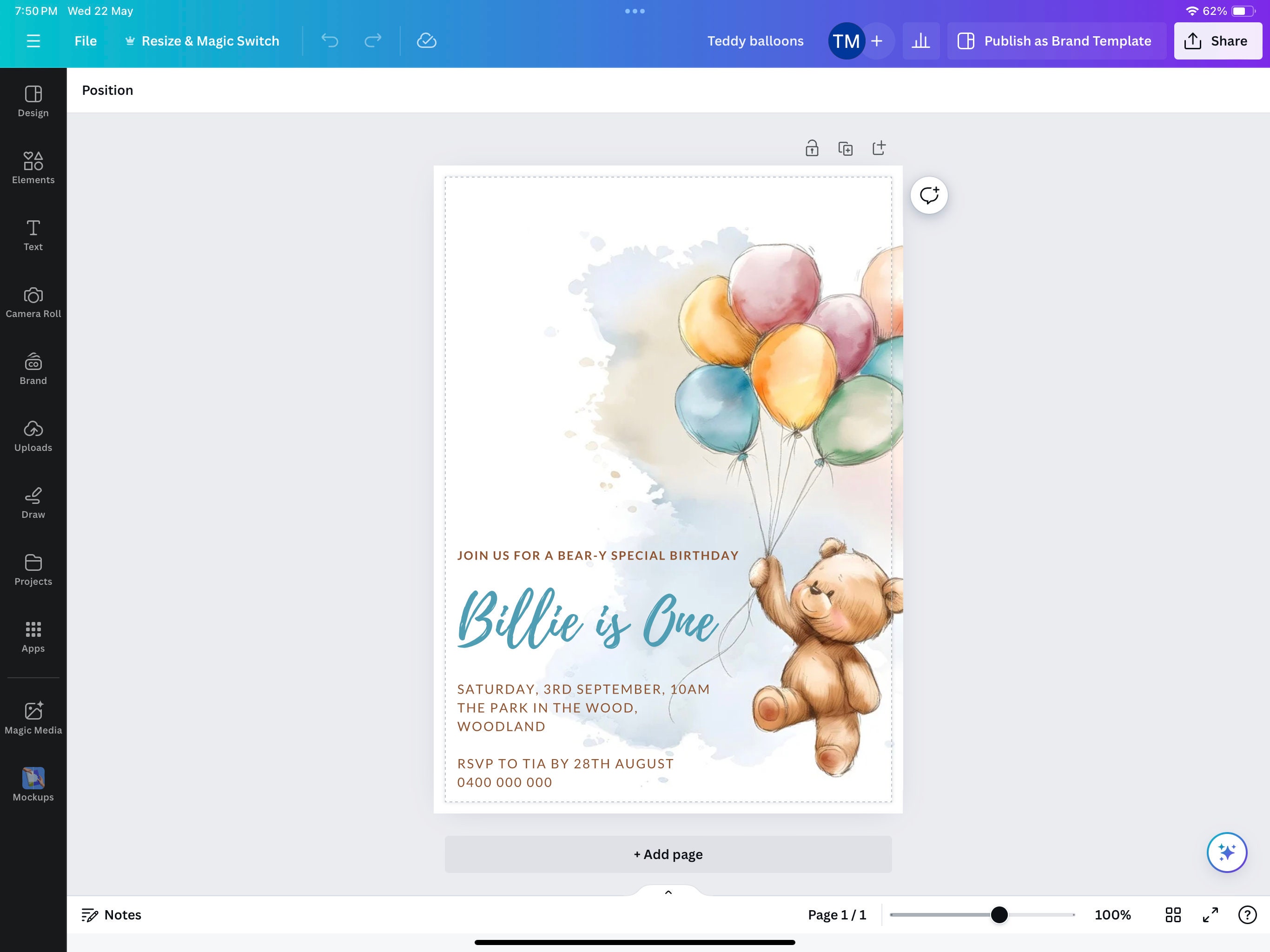 Editable Bear and Balloons Invitation | Teddy Bear |birthday Invitation ...