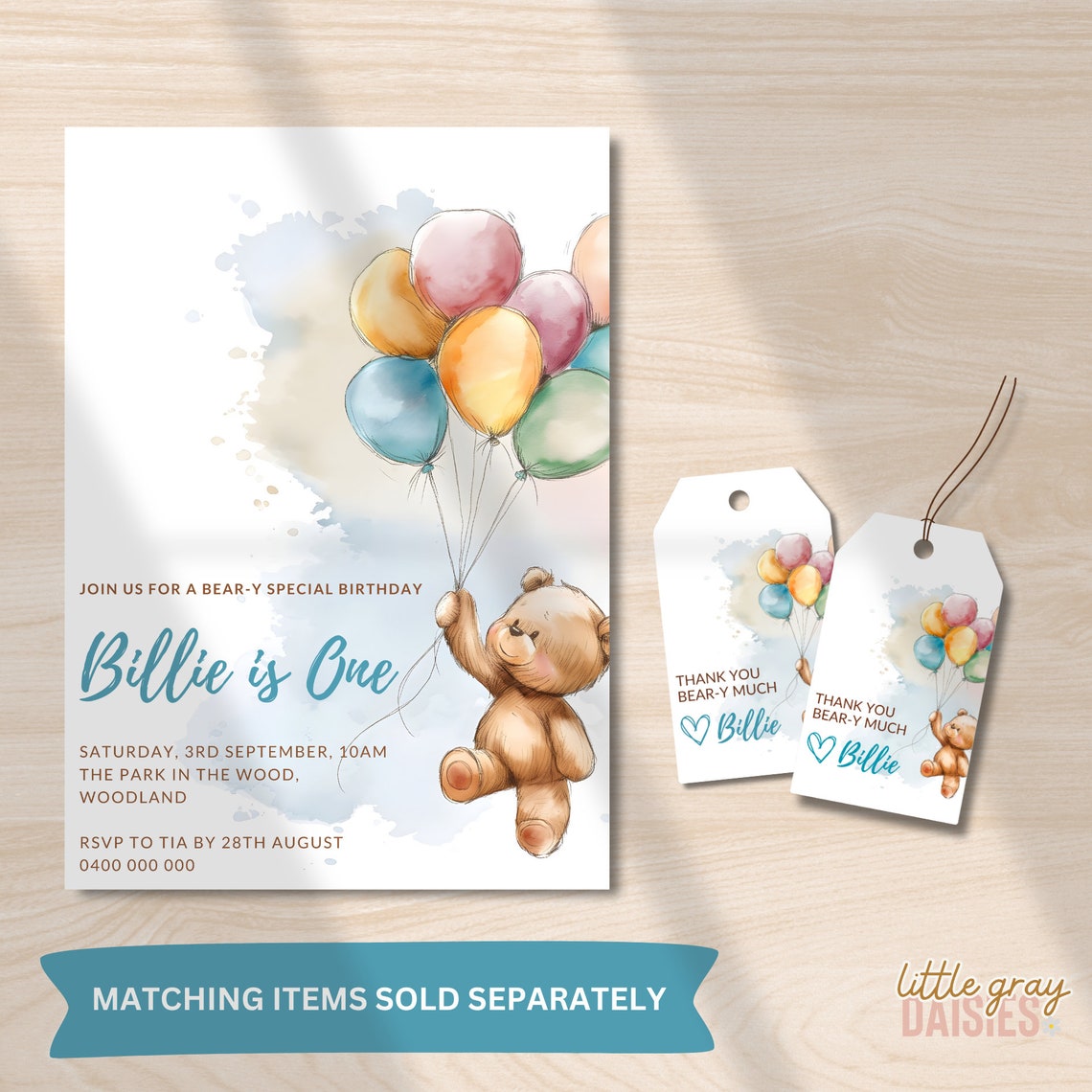Editable Gift Tags Teddy Bear Balloons | Birthday Party Tags | Teddy ...