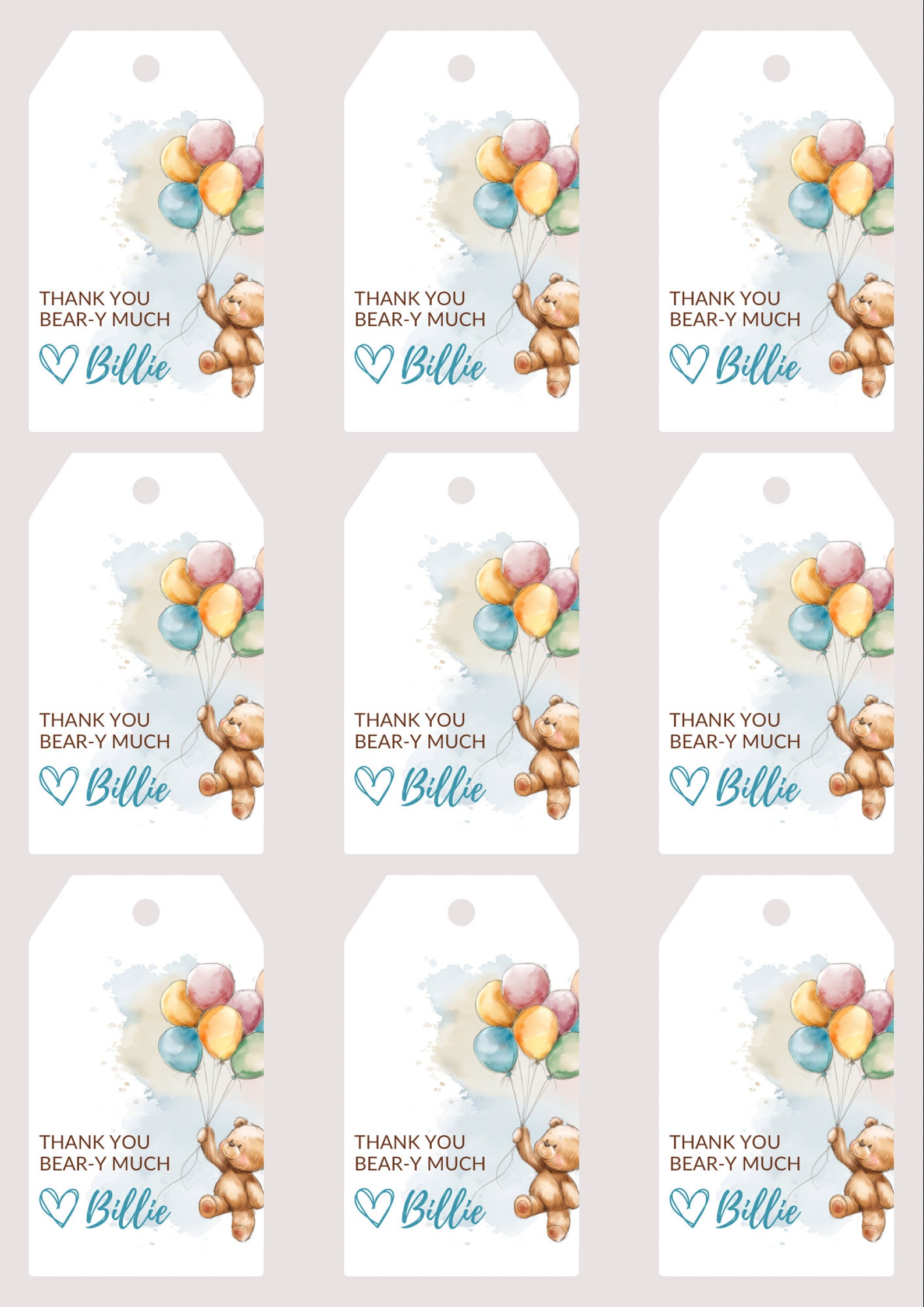 Editable Gift Tags Teddy Bear Balloons | Birthday Party Tags | Teddy ...
