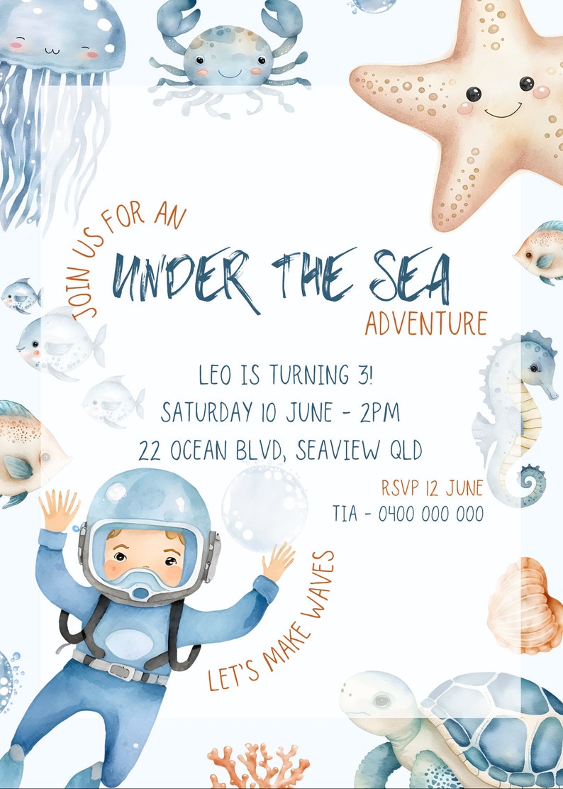 Scuba Diver Party Invite | Editable | Under the Sea Party Invitation ...