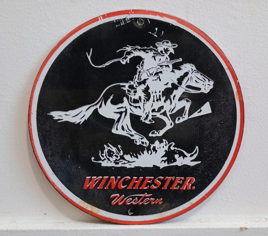 Vintage WINCHESTER WESTERN HUNTING Goods Porcelain Enamel Metal Metal ...