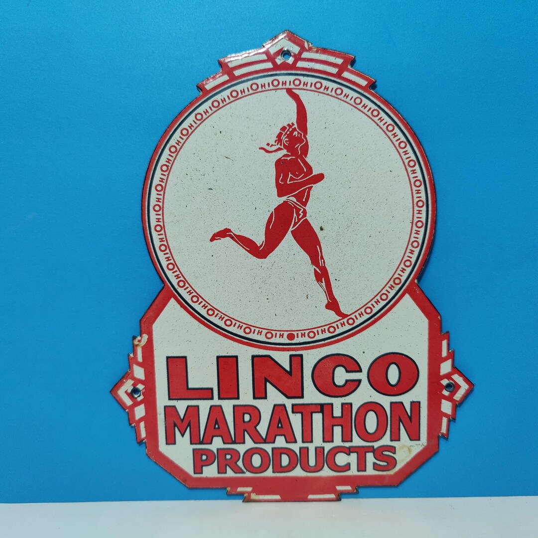 Vintage LINCO MARATHON PRODUCTS Oil and Gas Porcelain Enamel Metal Sign ...