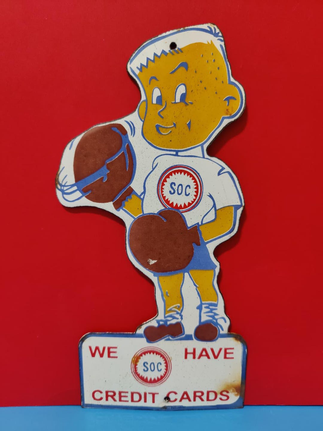 Vintage We Have SOC Credit Cards Dealer Boy Porcelain Enamel Sign 10" X ...