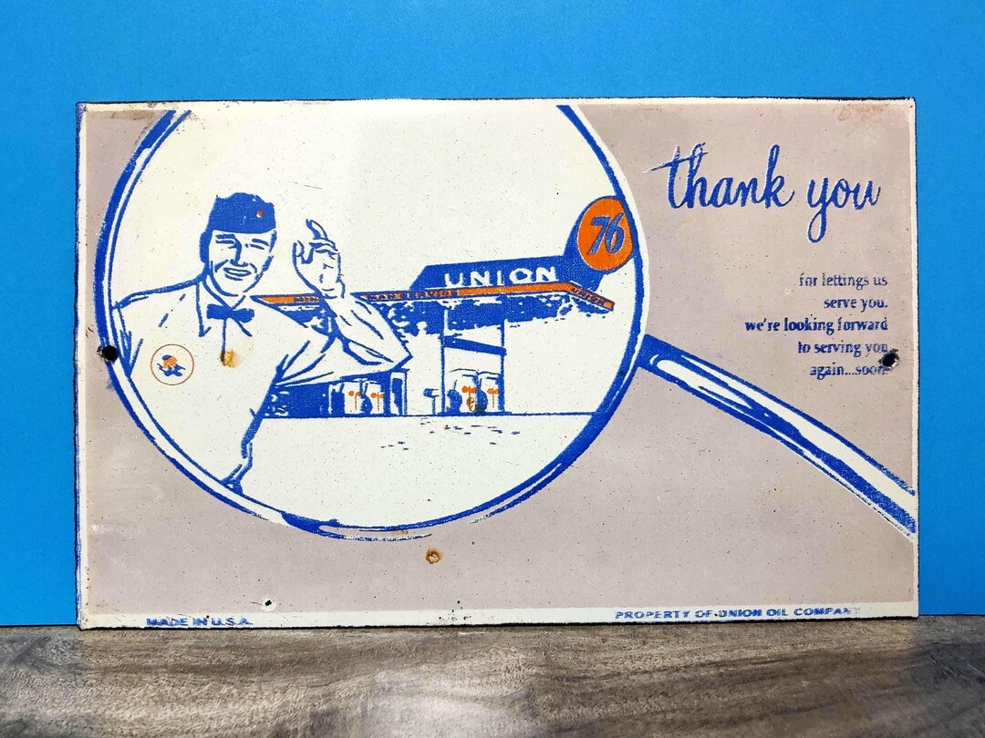 Vintage UNION 76 GASOLINE Thank You Porcelain Enamel Metal Sign 8" X 5 ...
