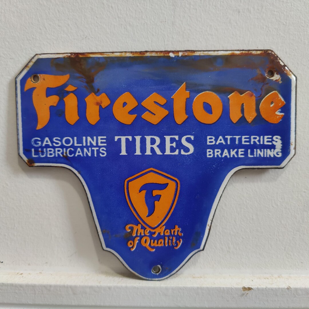 Vintage FIRESTONE TIRES Gas Batteries Porcelain Enamel Metal Sign 6" X ...