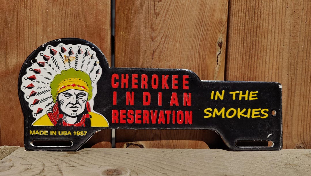 Vintage 1957 CHEROKEE INDIAN RESERVATION Porcelain Enamel Metal Sign 12 ...