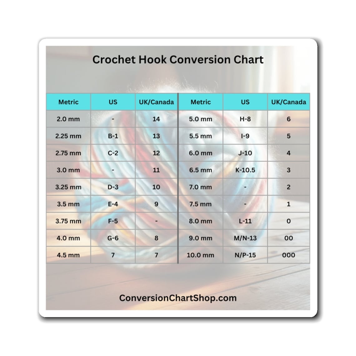 Crochet Hook Conversion Chart Magnet - Etsy
