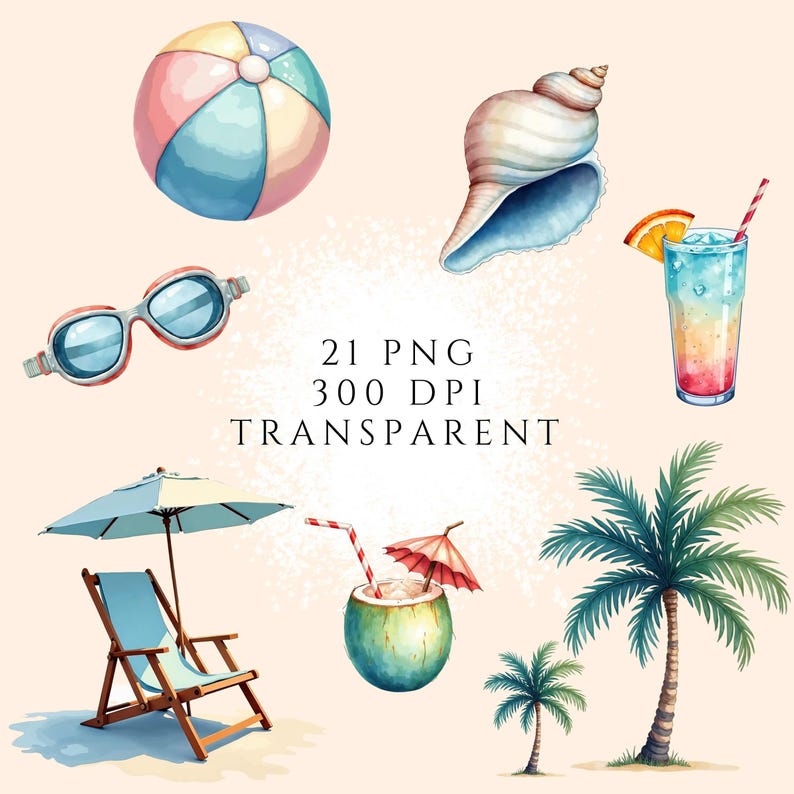 Summer Beach Watercolor Clipart Set, Trendy Summer PNG, Vacation Clip ...