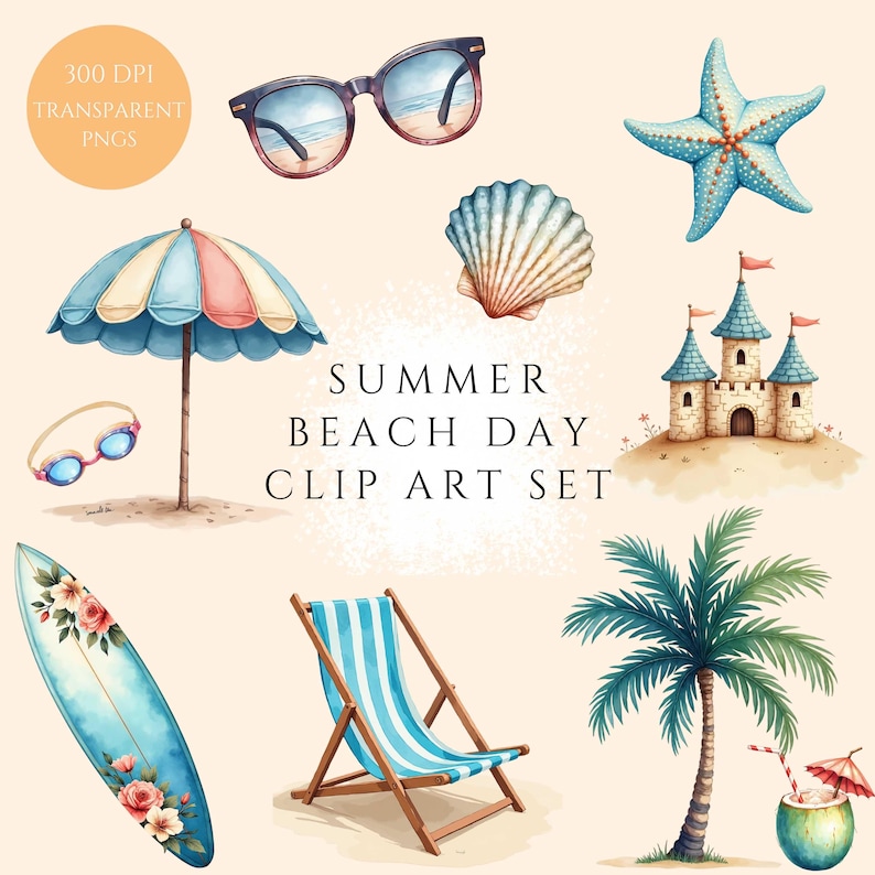 Summer Beach Watercolor Clipart Set, Trendy Summer PNG, Vacation Clip ...