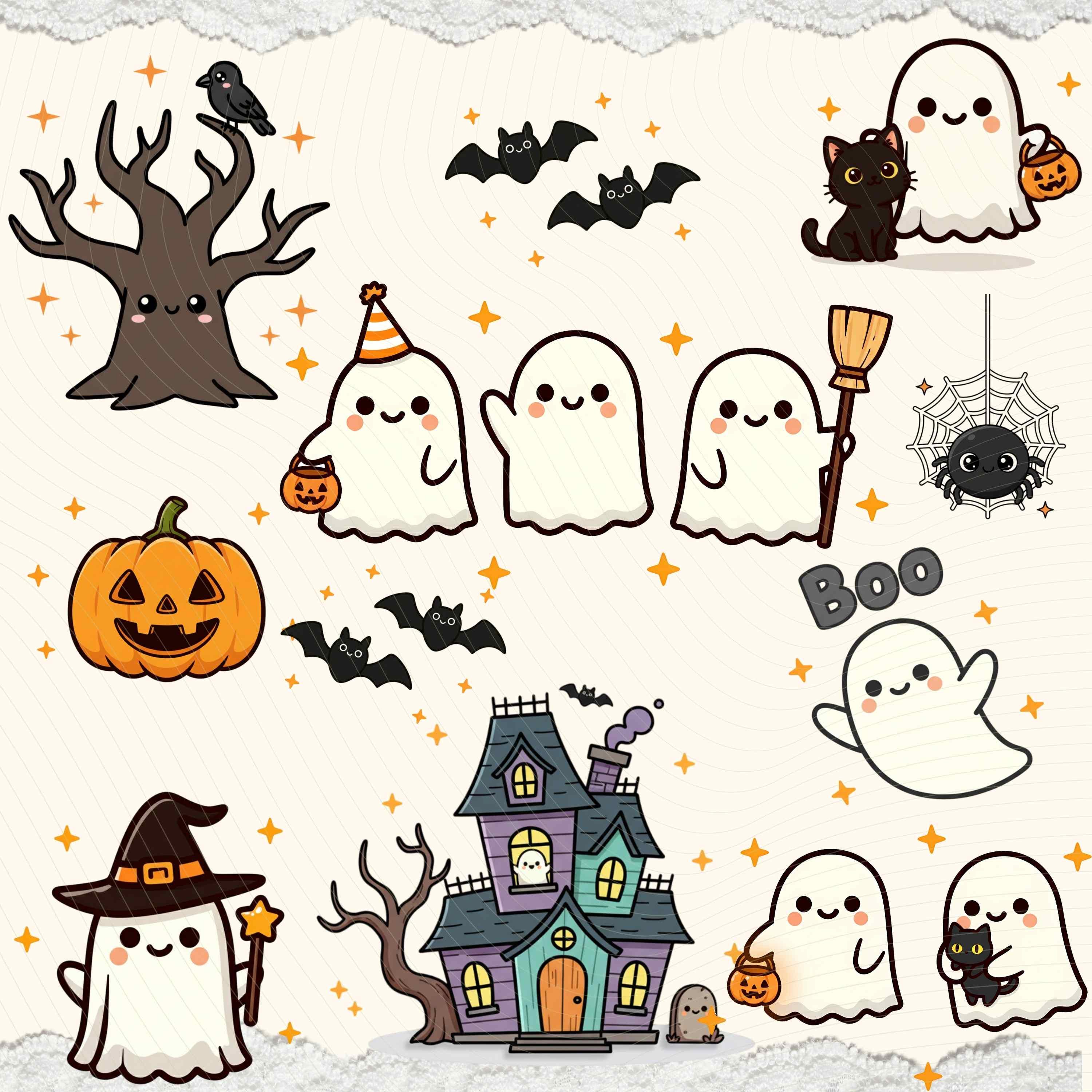 Cute Kawaii Ghost Clipart Bundle, Kawaii Ghosts Pumpkins, Digital ...
