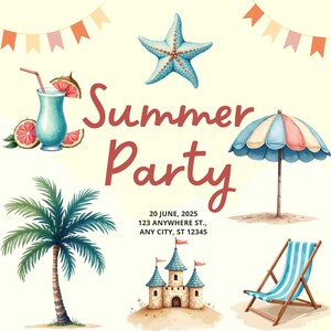 Summer Beach Watercolor Clipart Set, Trendy Summer PNG, Vacation Clip ...
