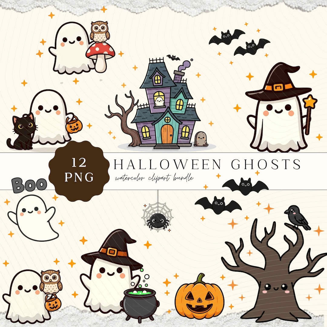 Cute Kawaii Ghost Clipart Bundle, Kawaii Ghosts Pumpkins, Digital ...