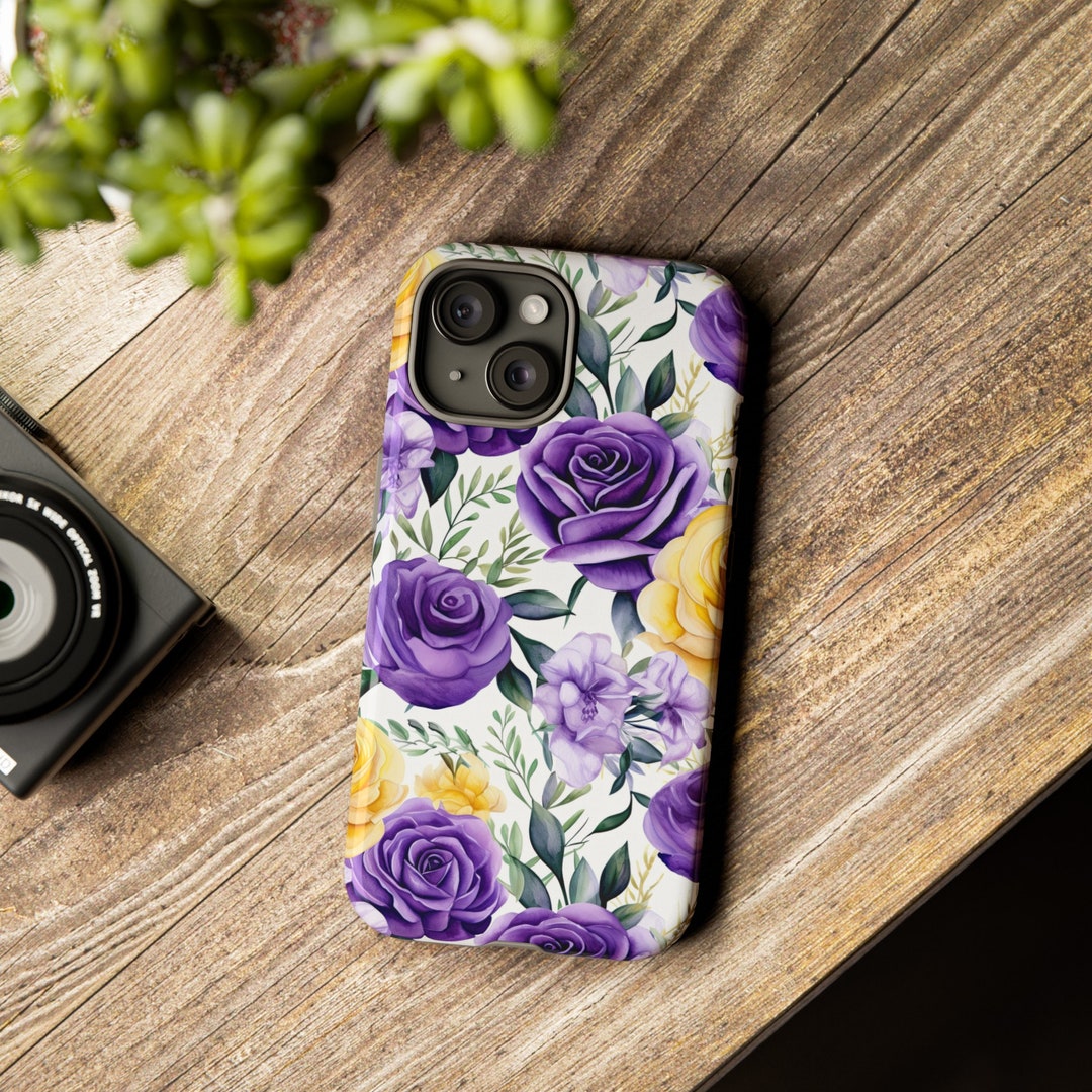 Chic Purple and Yellow Roses Phone Case, Vibrant Flower Pattern ...