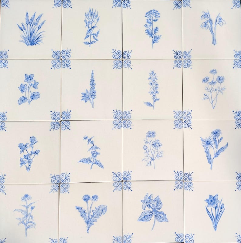 Handmade & Hand Painted Flower Motif Delft Inspired Porcelain Ceramic ...