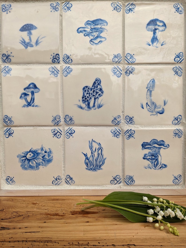 Handmade & Hand Painted Mushroom Motif Delft Inspired Porcelain Tiles ...