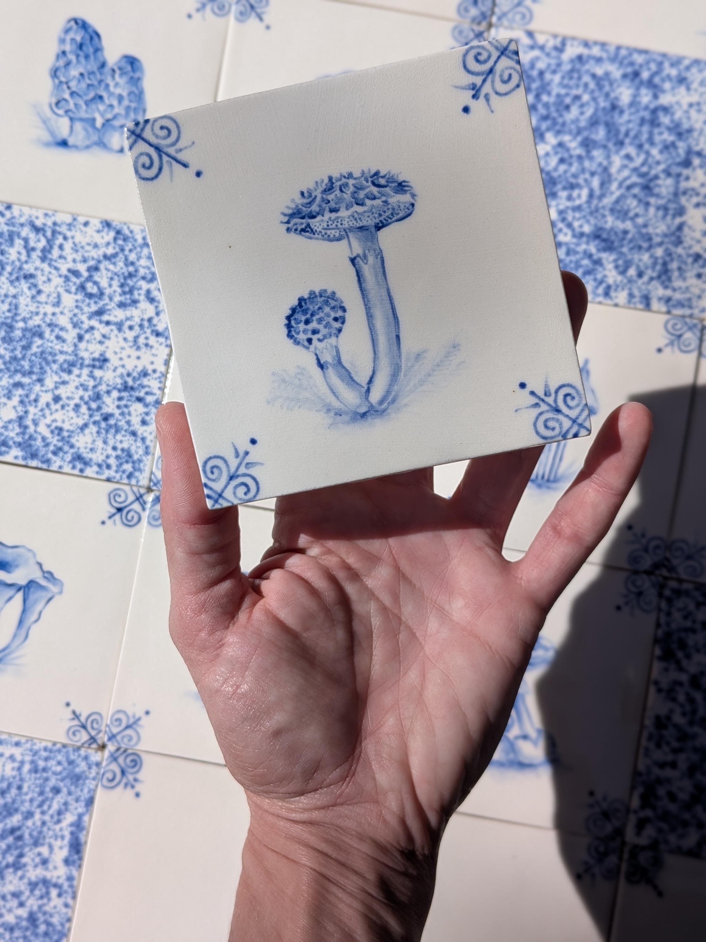 Handmade & Hand Painted Mushroom Motif Delft Inspired Porcelain Tiles ...