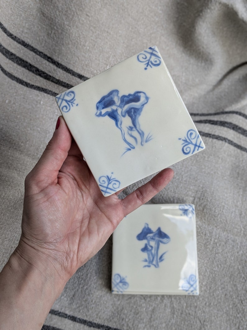 Handmade & Hand Painted Mushroom Motif Delft Inspired Porcelain Tiles ...