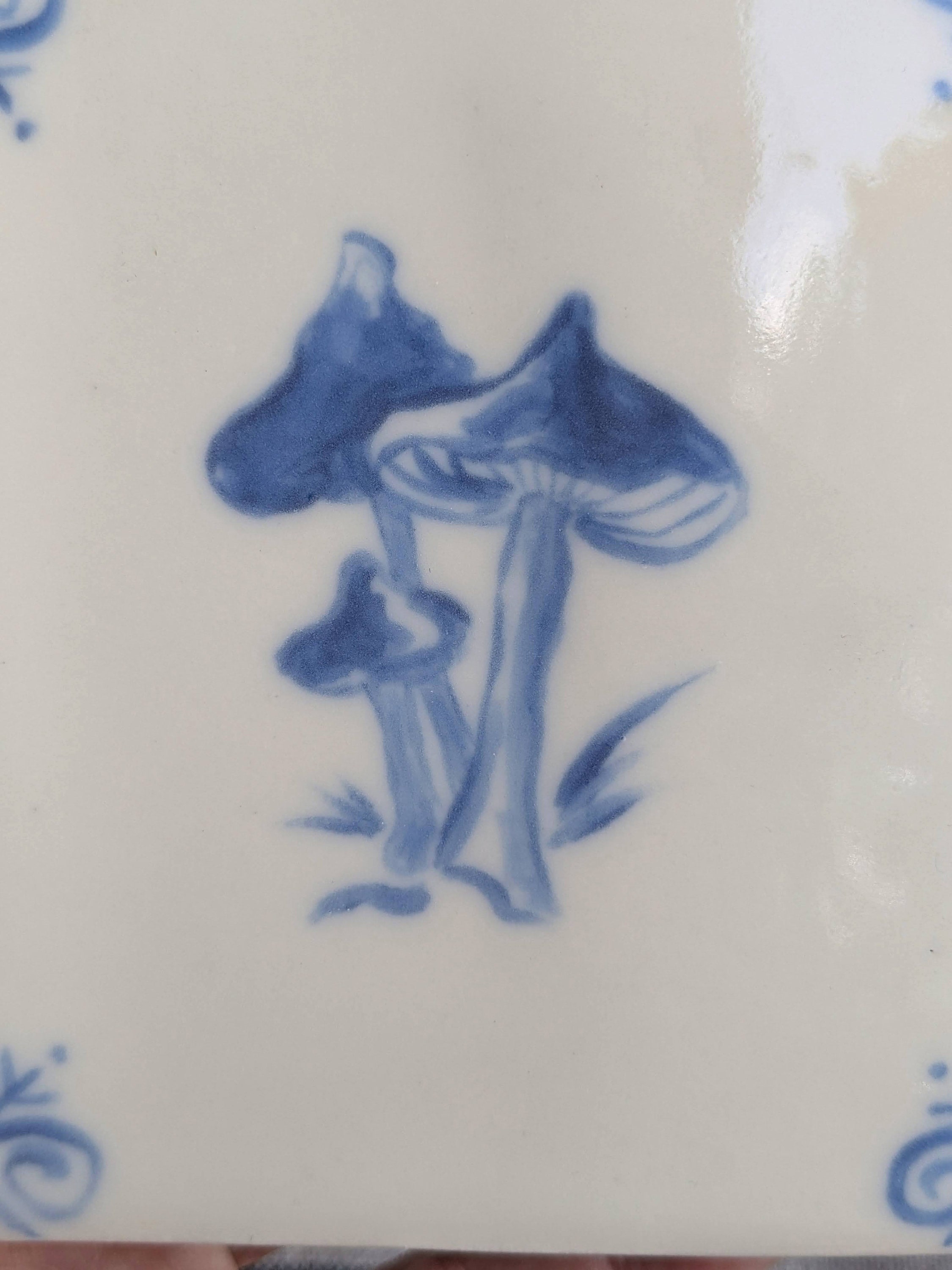 Handmade & Hand Painted Mushroom Motif Delft Inspired Porcelain Tiles ...