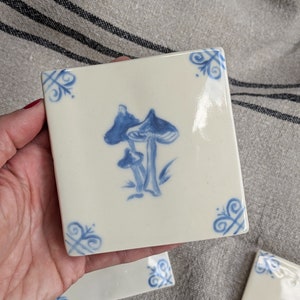 Handmade & Hand Painted Mushroom Motif Delft Inspired Porcelain Tiles ...