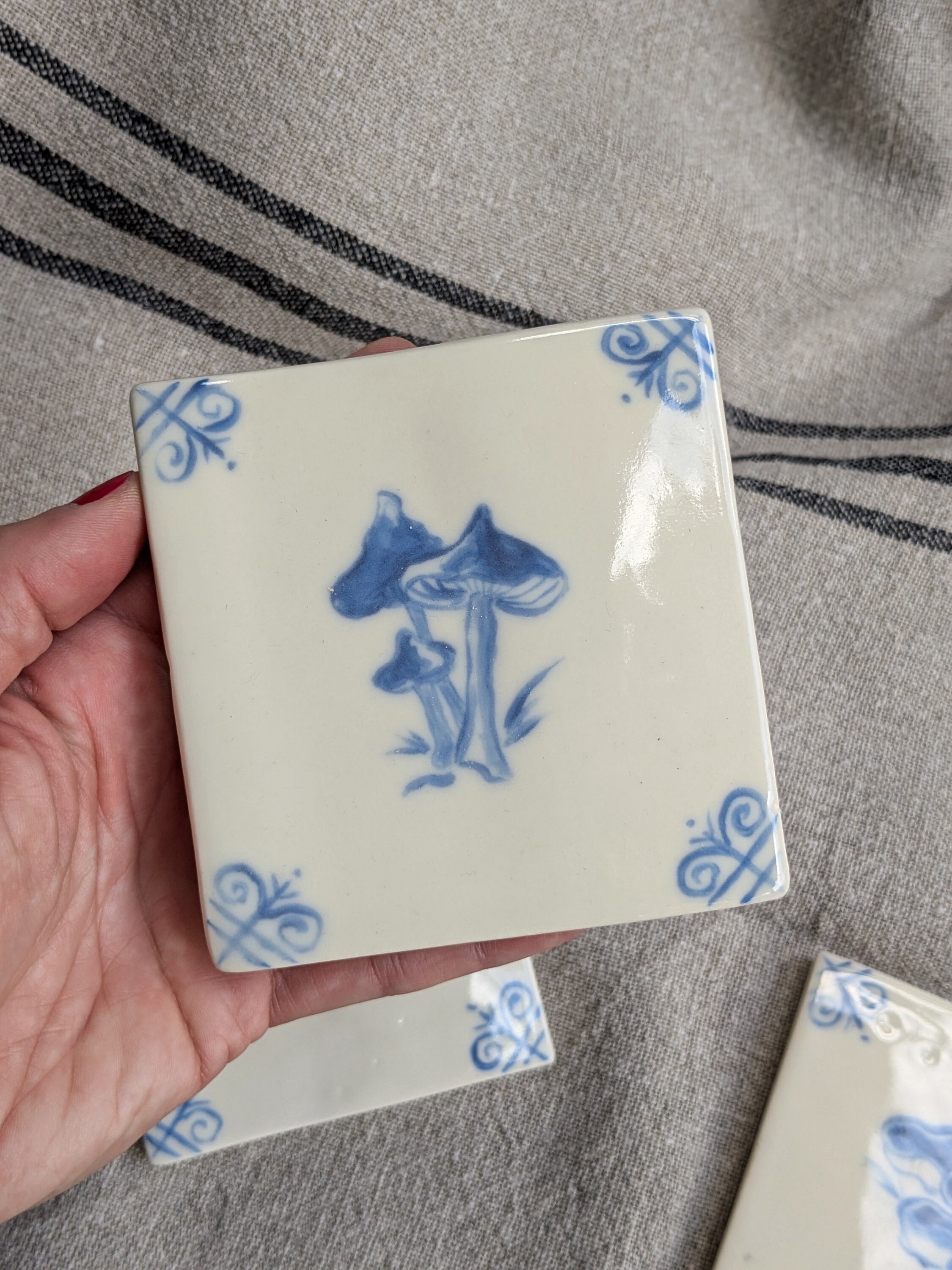 Handmade & Hand Painted Mushroom Motif Delft Inspired Porcelain Tiles ...