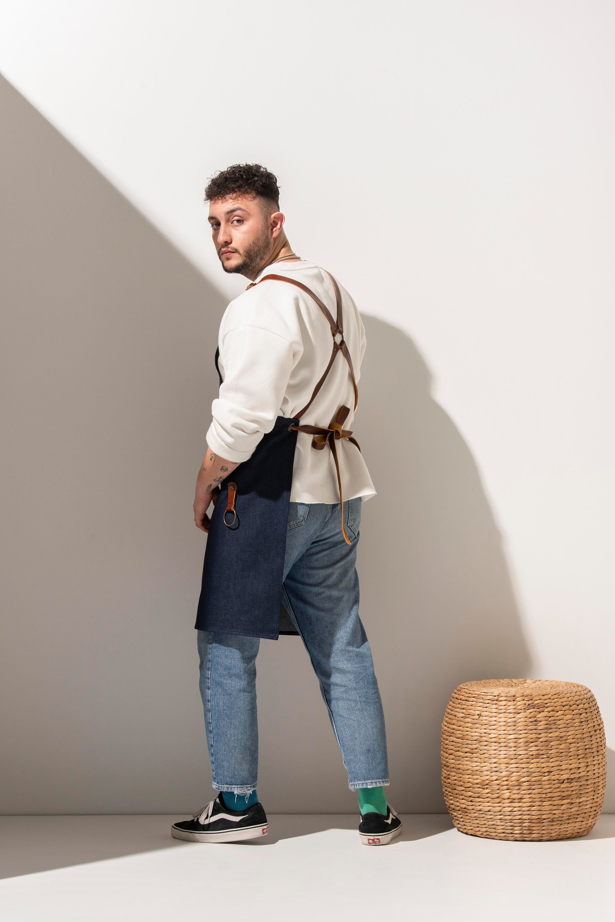 Navy Blue Apron With Cross Straps and Brown Leather Details Special ...