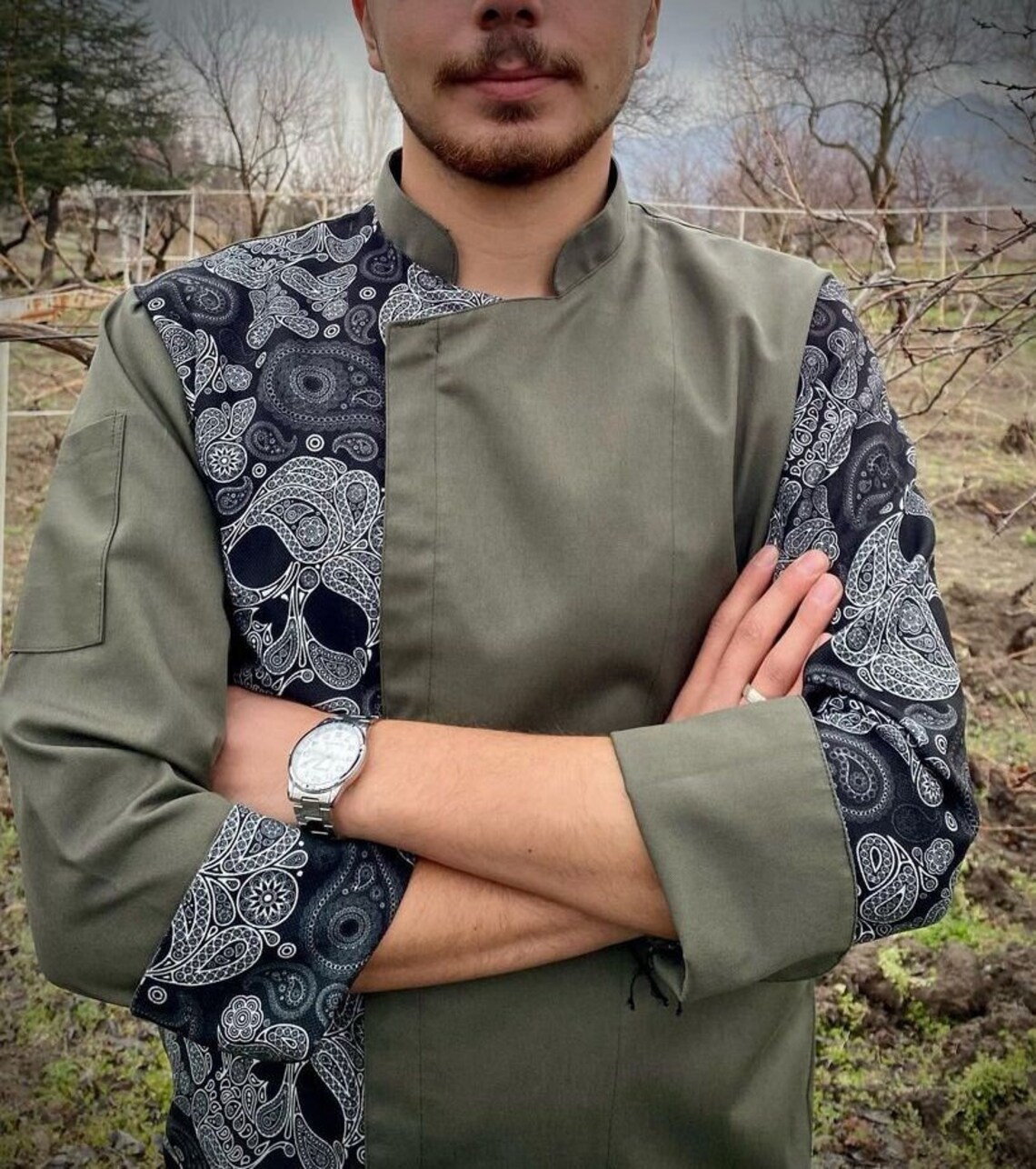 Dark Green Patterned Personalized Chef Coat Chef Jacket for Man and ...