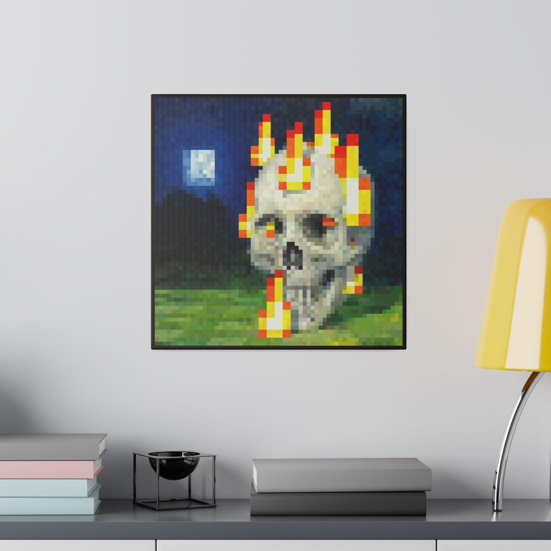 Minecraft Skull on Fire Painting Printed Canva Minecraft Pixel Art ...