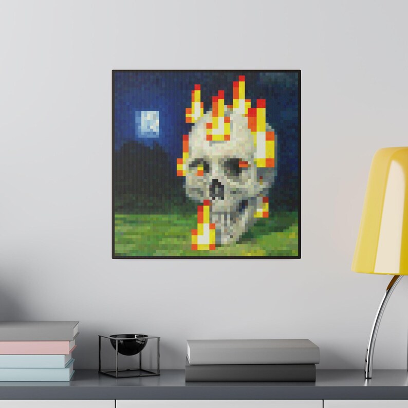 Minecraft Skull on Fire Painting Printed Canva Minecraft Pixel Art ...